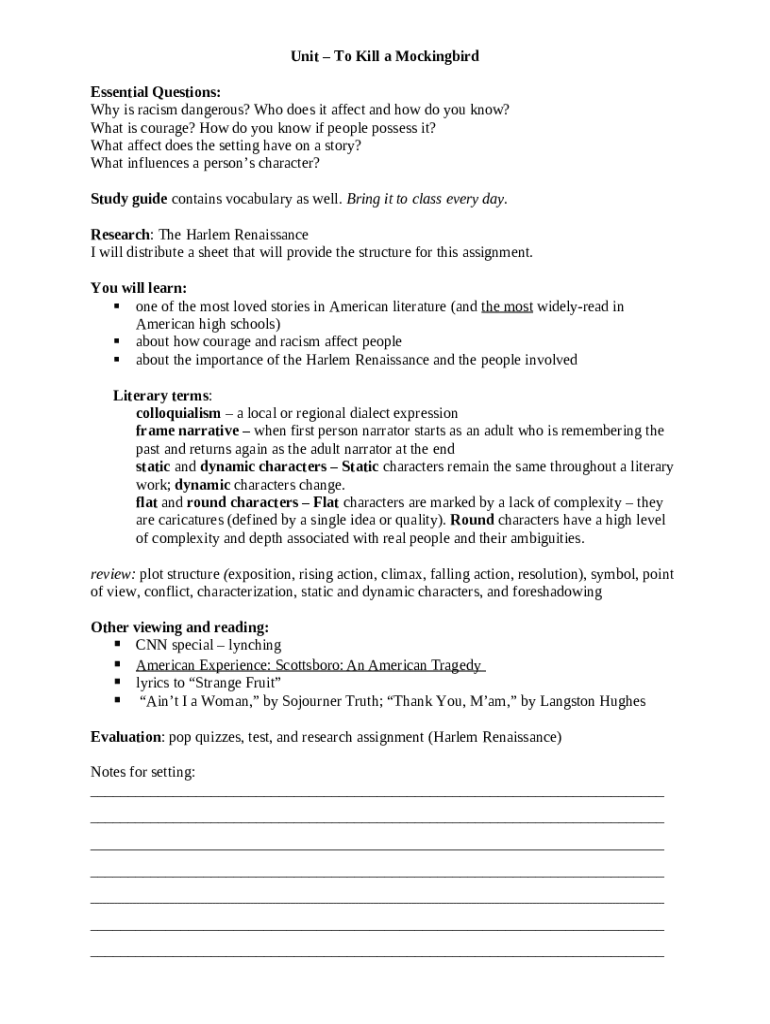 UnitTo Kill a Mockingbird Doc Template | pdfFiller
