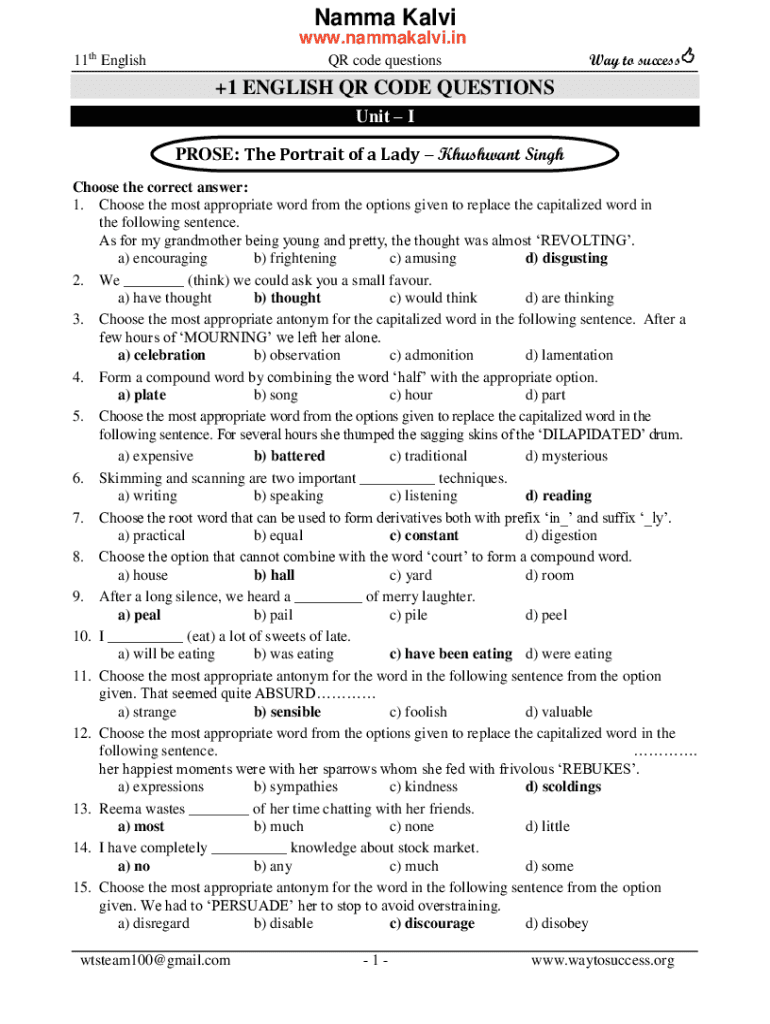 Fillable Online Namma Kalvi 11th English QR Code Questions with Answer ...