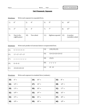 Fillable Online Unit 9 Homework; Exponents Directions Fax Email Print - pdfFiller