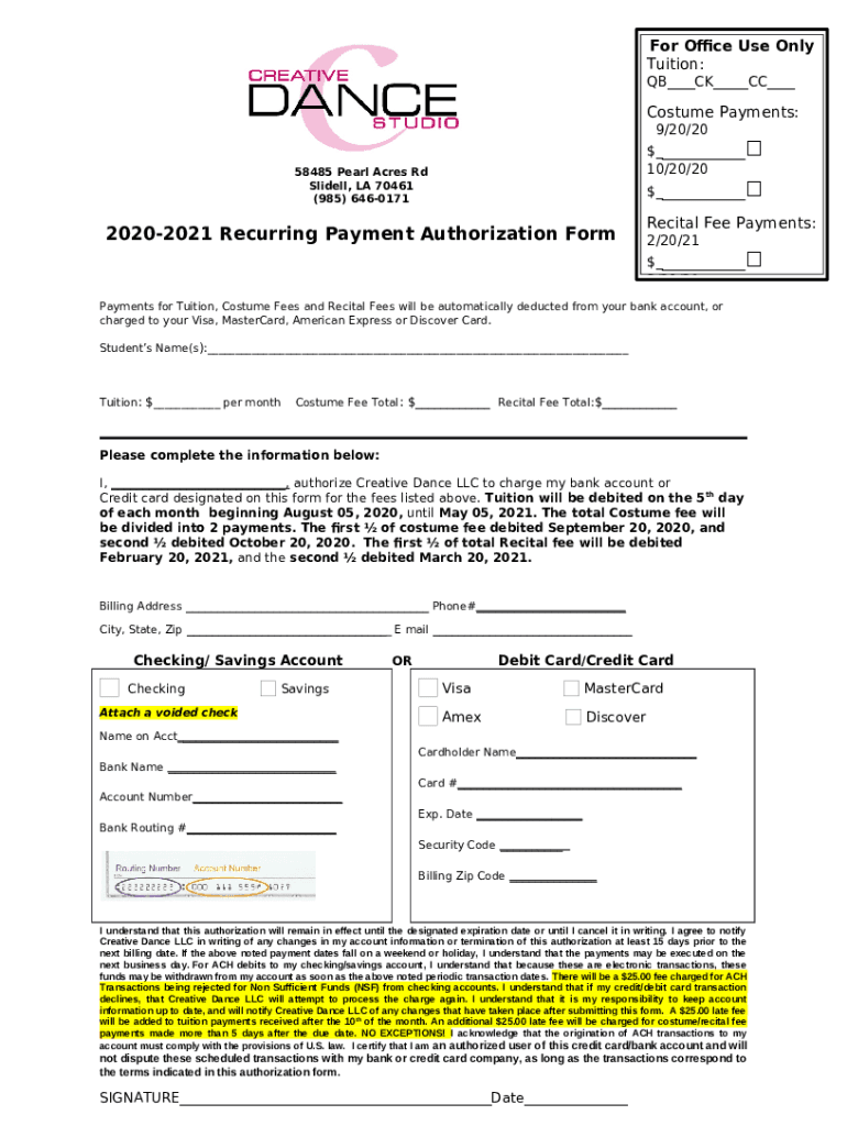 2020-2021 Recurring Payment Authorization Doc Template | pdfFiller