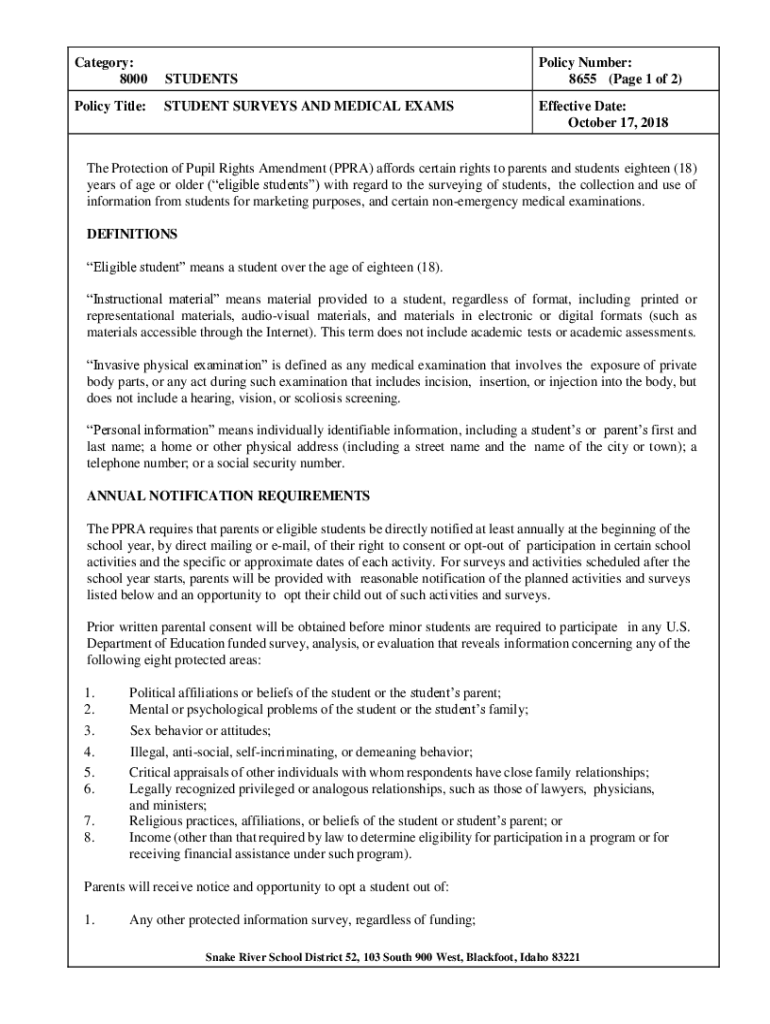 Fillable Online The Protection of Pupil Rights Amendment (PPRA) affords ...