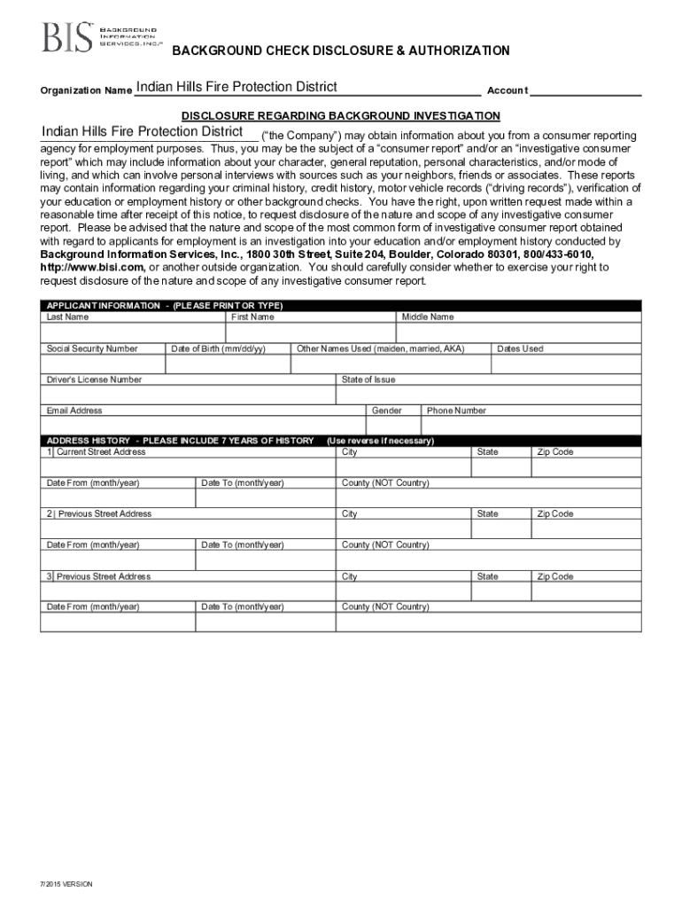 Fillable Online 2015 Updated Disclosure Authorization - Criminal Only ...