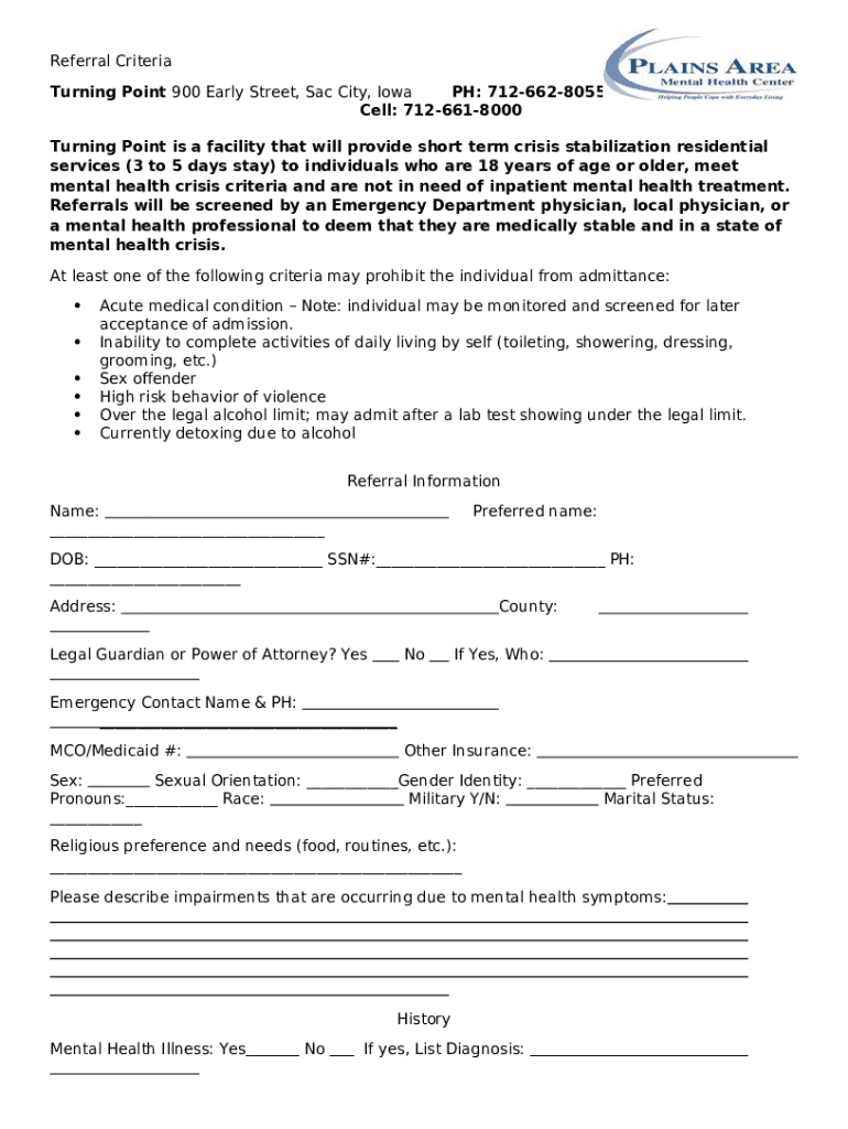 Referral Criteria Turning Point 900 Early Street, Sac City, ... Doc ...