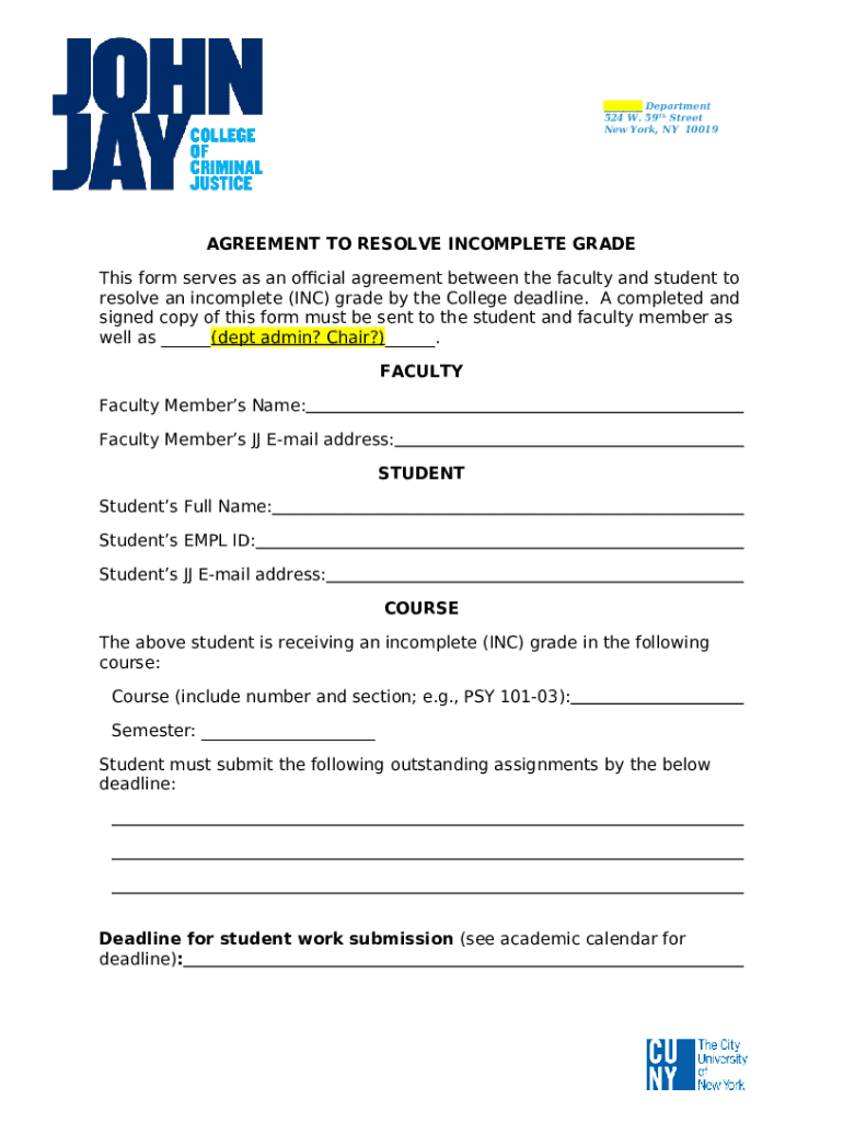 Graduate Quarter Student Incomplete Grade(INC) Contract Doc Template ...