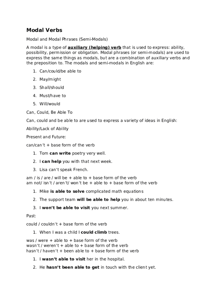 What is a Modal Verb? English Modal Verbs List Doc Template | pdfFiller