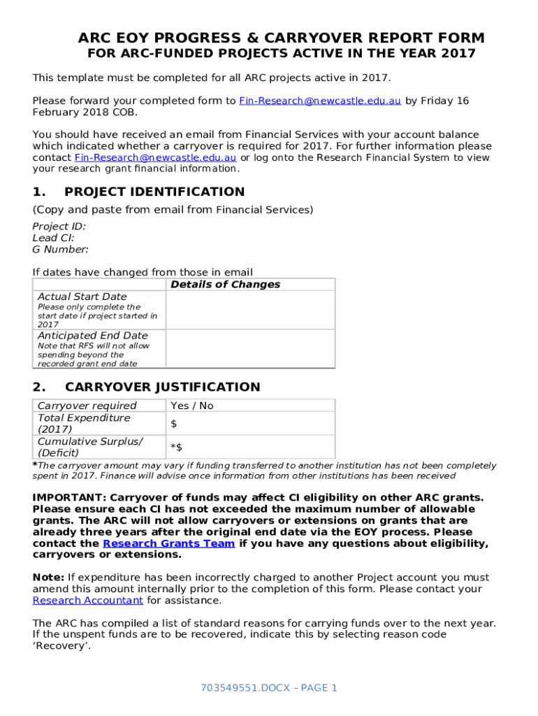 ARC EOY Progress & Carryover Report Doc Template | pdfFiller