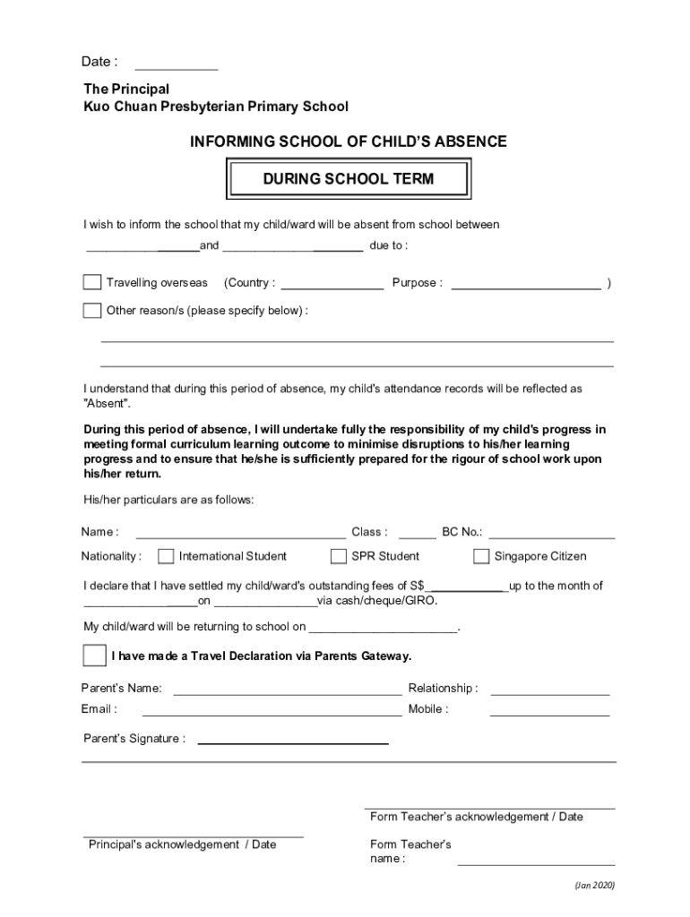Fillable Online INFORMING SCHOOL OF CHILD'S ABSENCE DURING ... Fax ...