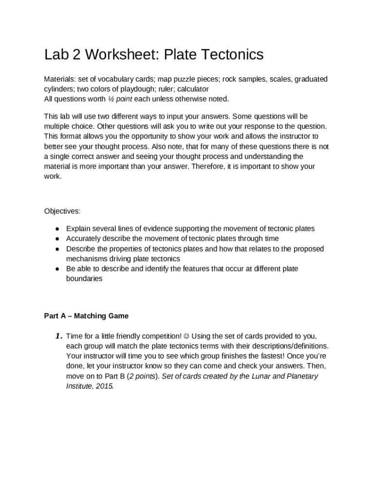 Geology 101 Lab Worksheet: Plate Tectonics Doc Template | pdfFiller
