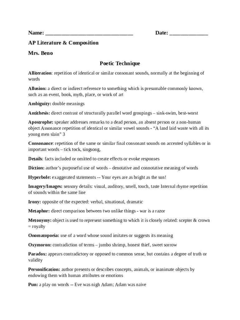 AP English III Poetry Term Flashcards Doc Template | pdfFiller