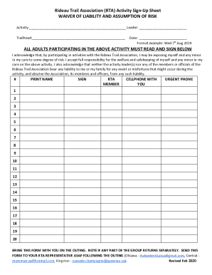 Fillable Online Rideau Trail Association (RTA) Activity Sign-Up Sheet ...