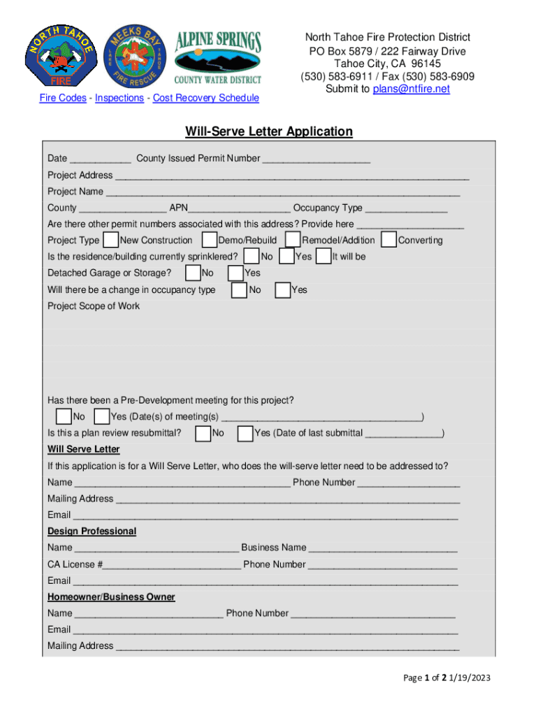Fillable Online Will-Serve Letter Application Fax Email Print - pdfFiller