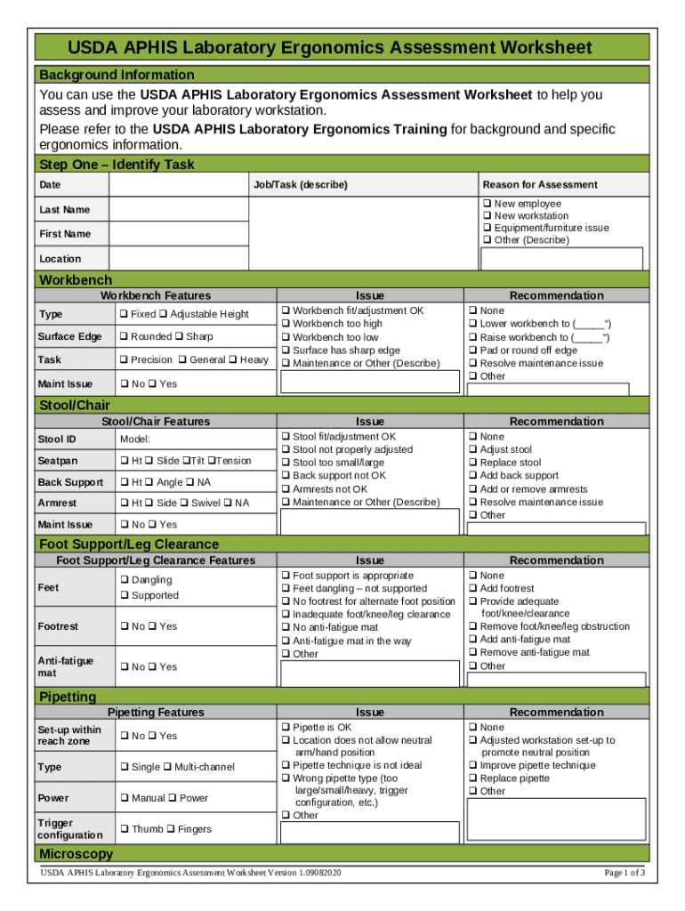 USDA APHIS Laboratory Ergonomics Assessment Worksheet Doc Template ...