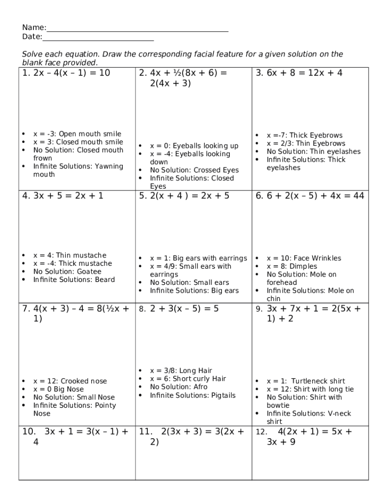 Solving multi step equations face activity.docx - Name: Date Doc ...