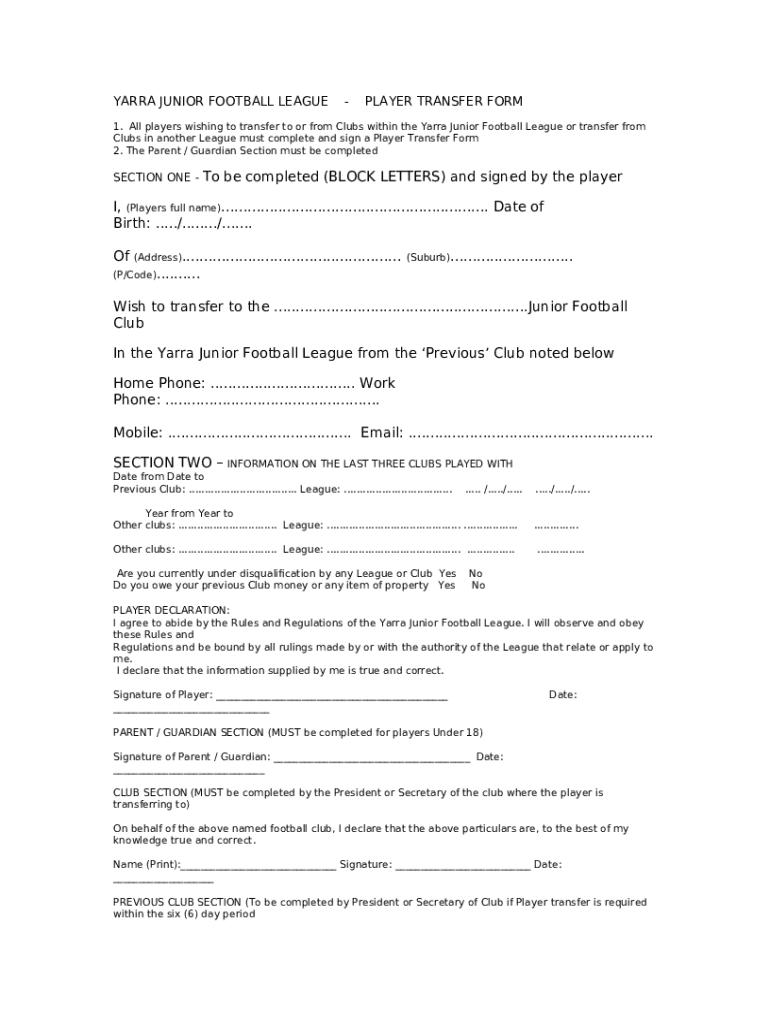 YARRA JUNIOR FOOTBALL LEAGUE-PLAYER TRANSFER Doc Template | pdfFiller