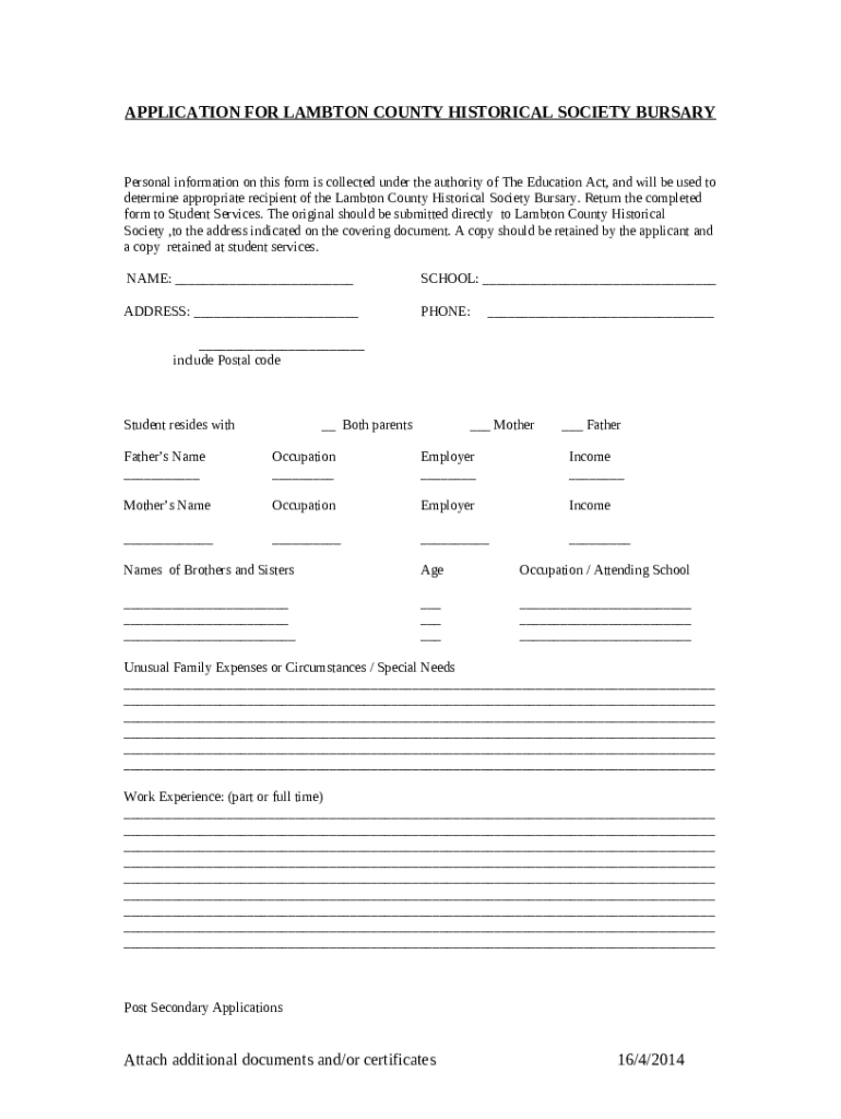 lambton county bursary/scholarship application Doc Template | pdfFiller