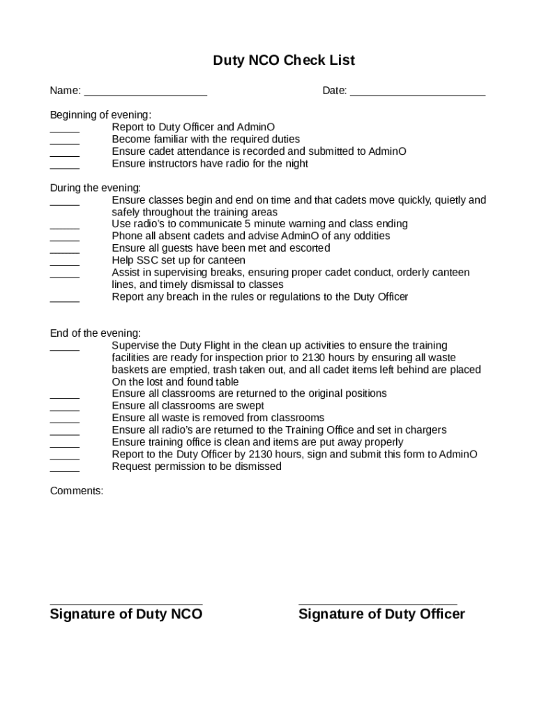 Duty NCO Check List Doc Template | pdfFiller