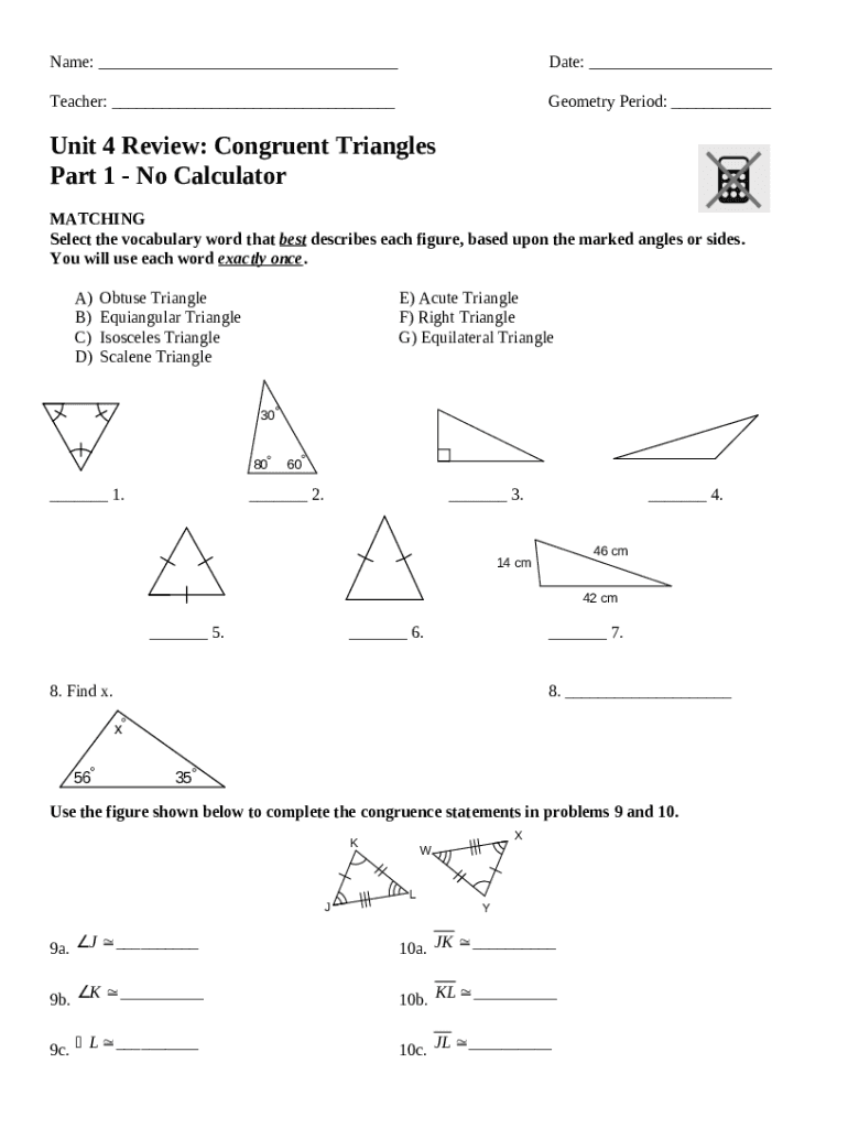 Unit 4 Review: Congruent Triangles Part 1 - No Calculator Doc Template ...