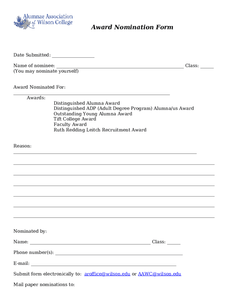 Distinguished Alumni Award Nomination Nominee Doc Template | pdfFiller