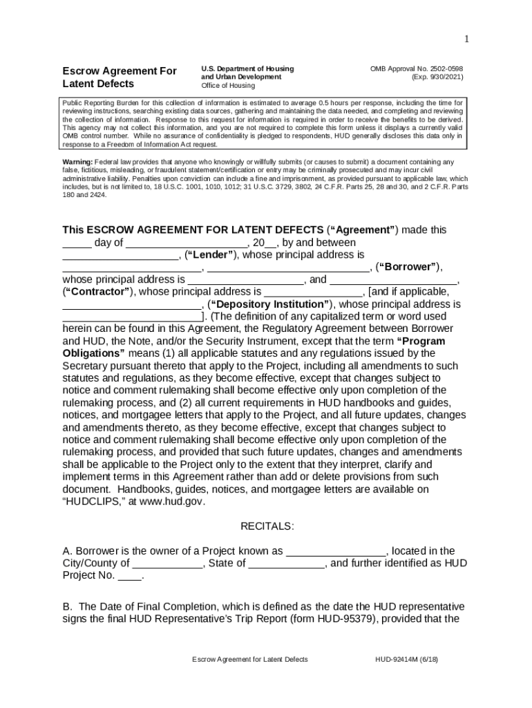 92414M - Escrow Agreement Latent Defects - HUD Doc Template | pdfFiller