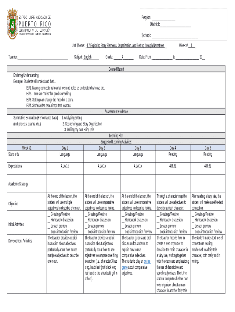 Unit 4.7: Exploring Story Elements, Organization and Setting ... Doc ...