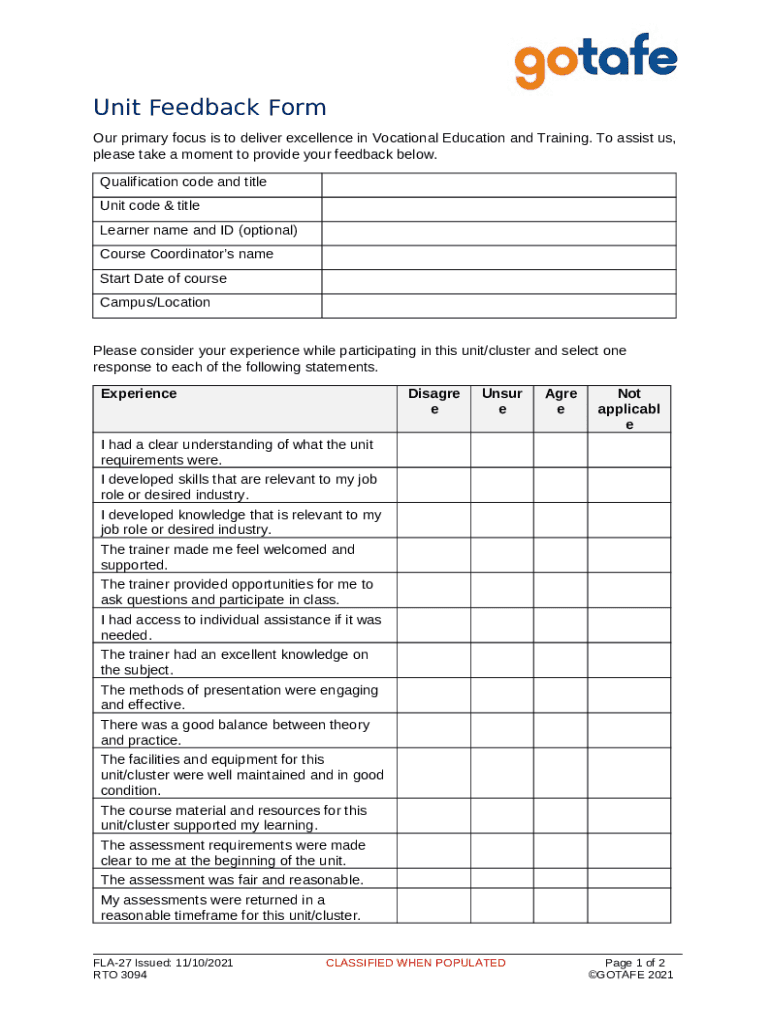 Unit Feedback Doc Template | pdfFiller