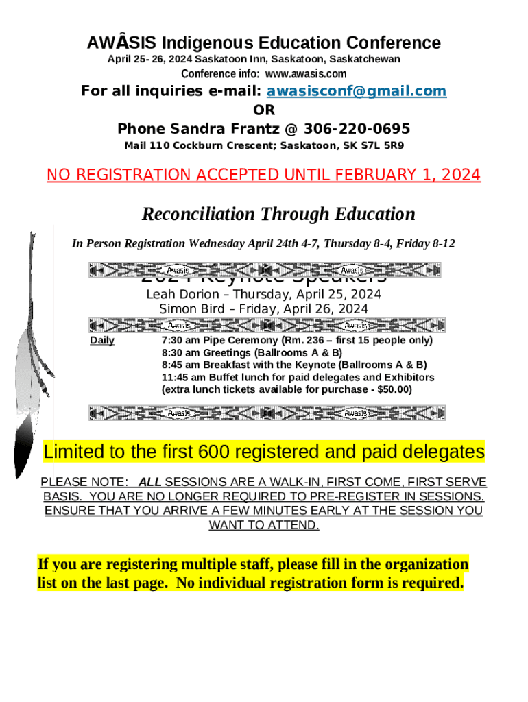 Awasis Indigenous Education conferenceSaskatoon SK Doc Template | pdfFiller