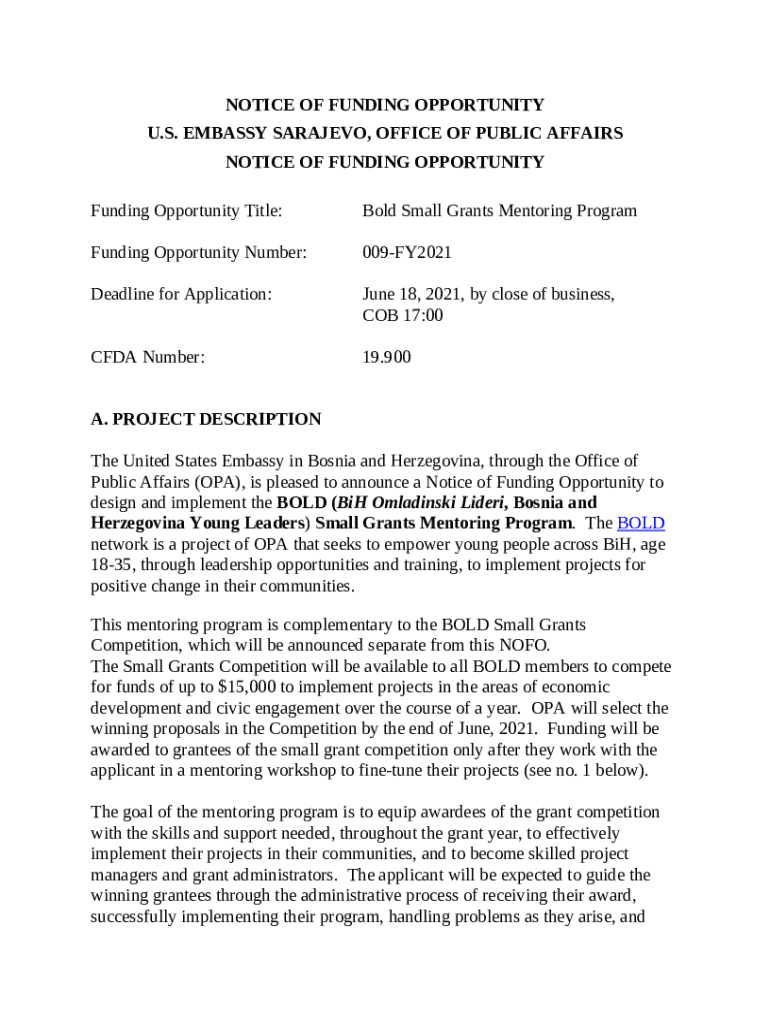 NOTICE OF FUNDING OPPORTUNITY U.S. EMBASSY ... Doc Template | pdfFiller