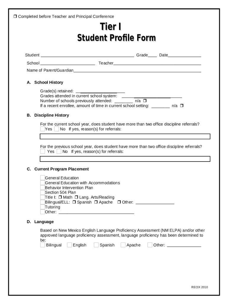 Tier I Student Profile Doc Template | pdfFiller