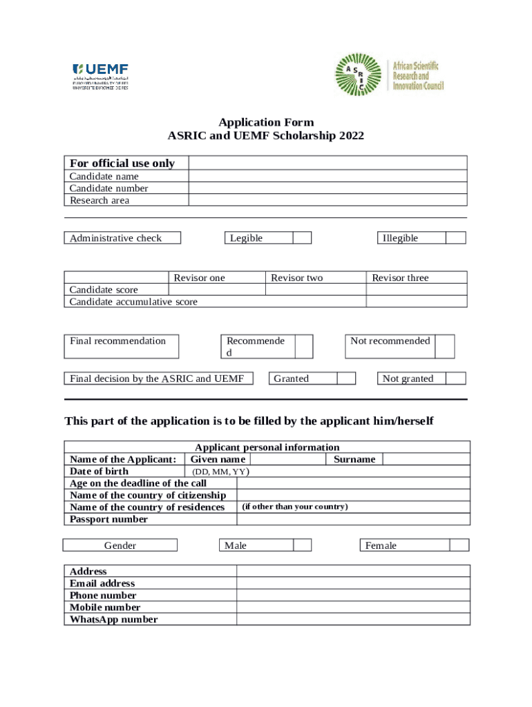 Application ASRIC and UEMF Scholarship 2023 For ... Doc Template ...