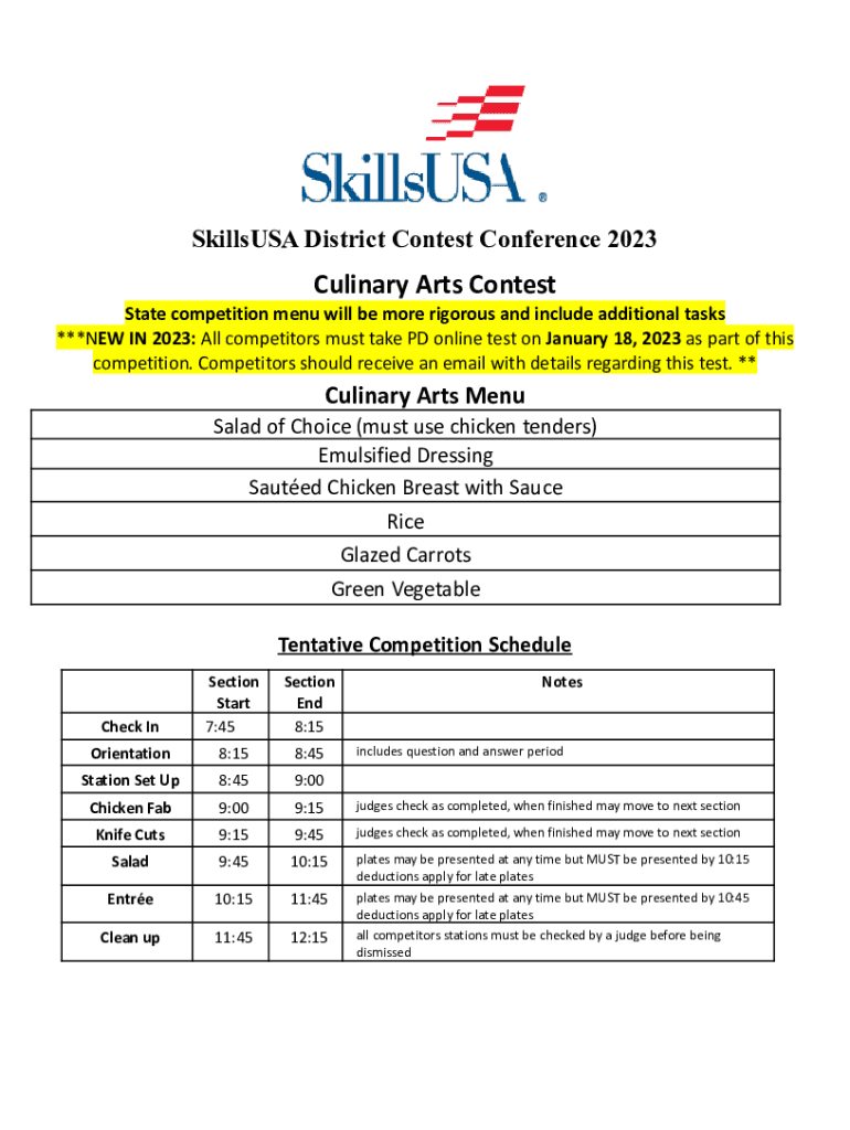 Fillable Online SkillsUSA Texas District 7 Culinary Arts Contest MENU ...