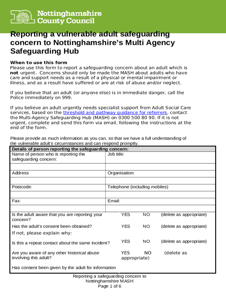 Reporting a vulnerable adult safeguarding concern to ... Doc Template | pdfFiller