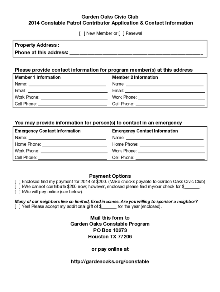 Fillable Online Garden Oaks Civic Club Constable Patrol Contract ...
