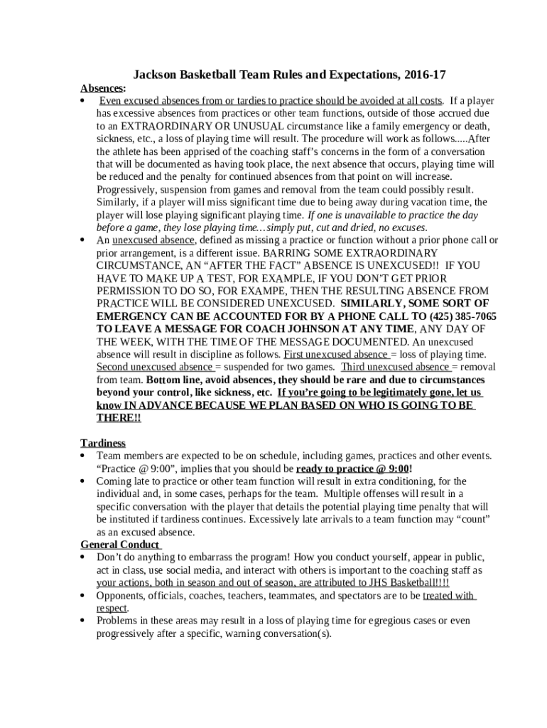 Jackson Basketball Team Rules and Expectations Doc Template | pdfFiller