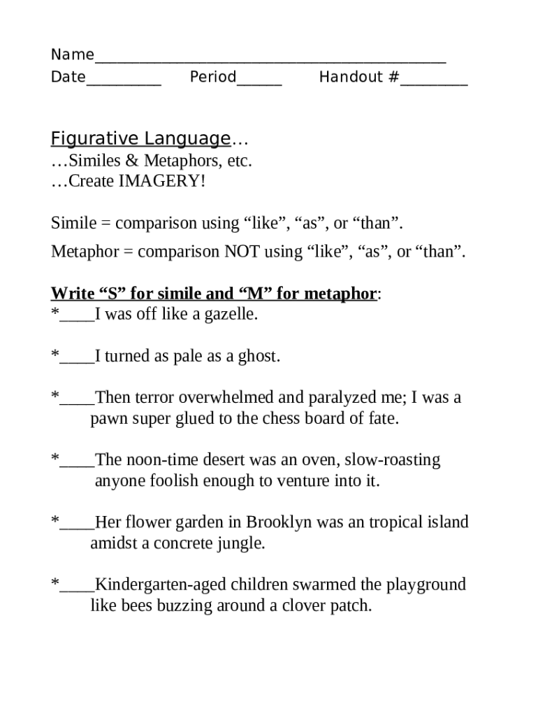 Write S for simile and M for metaphor Doc Template | pdfFiller