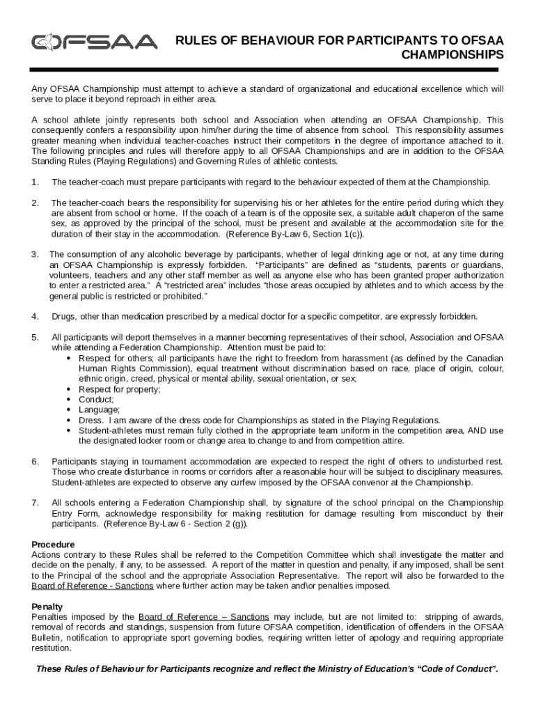 Rules of Behaviour for Participants at OFSAA Championships Doc Template | pdfFiller