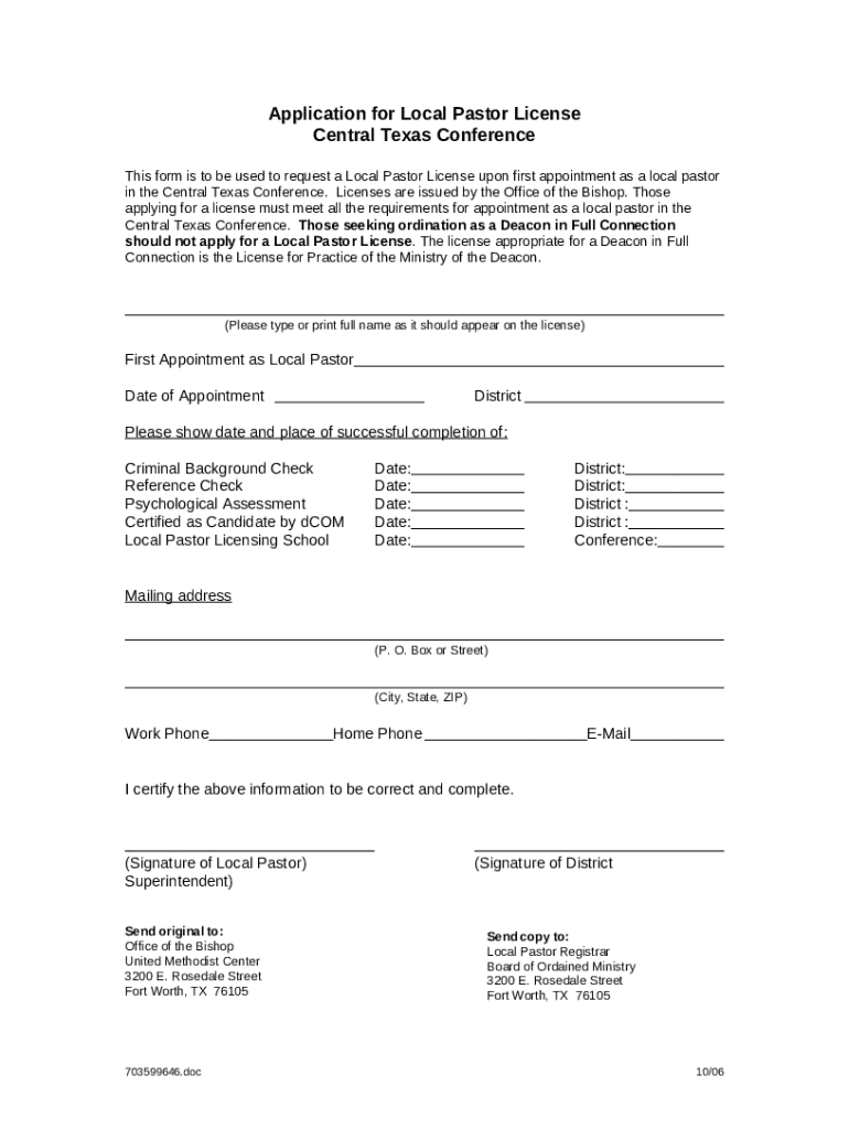 Application for Local Pastor License Central Texas ... Doc Template ...
