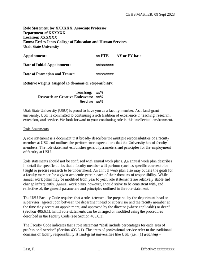 Role Statement for XXXXXX, Associate Professor Doc Template | pdfFiller