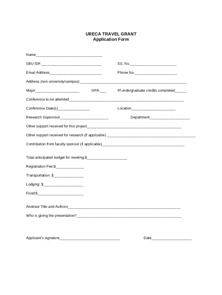 URECA Undergraduate Travel Grant Application Doc Template | pdfFiller