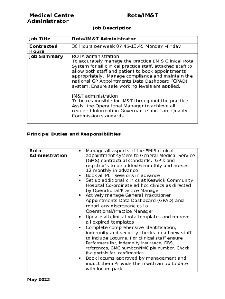 Job vacancy: Emergency Department Rota Administrator ... Doc Template ...