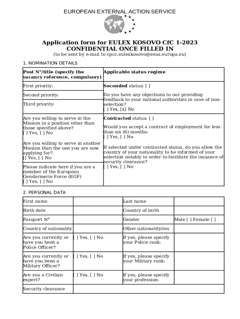 Application for EULEX KOSOVO CfC EO-1-2023 ... Doc Template | pdfFiller