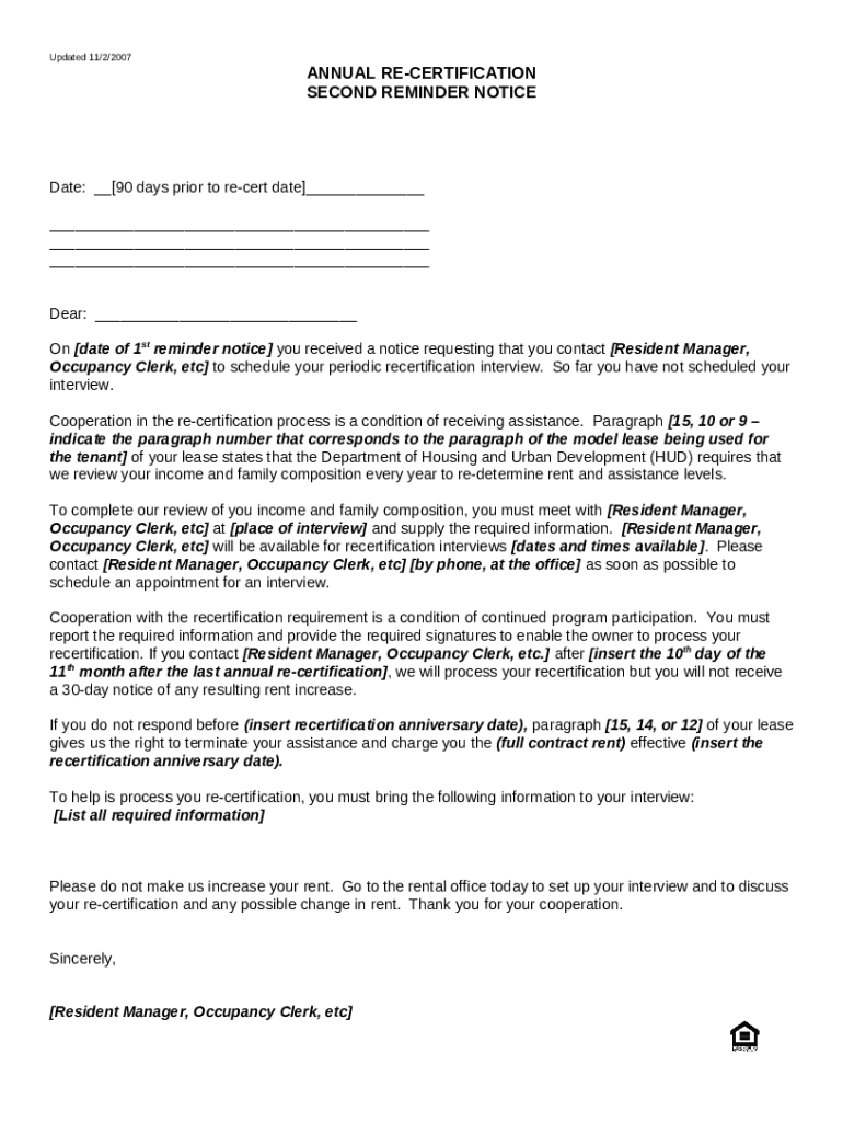 Sample** Annual Recertification Second Reminder Notice Doc Template ...