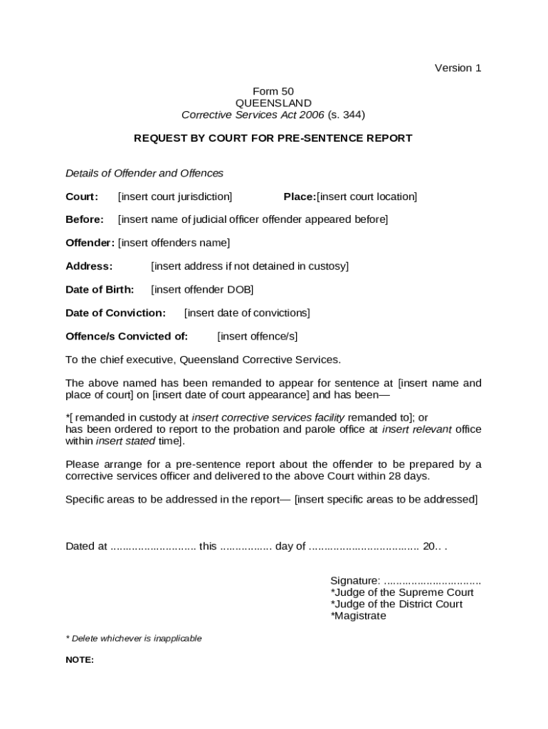 50. Request by court for pre-sentence report Doc Template | pdfFiller