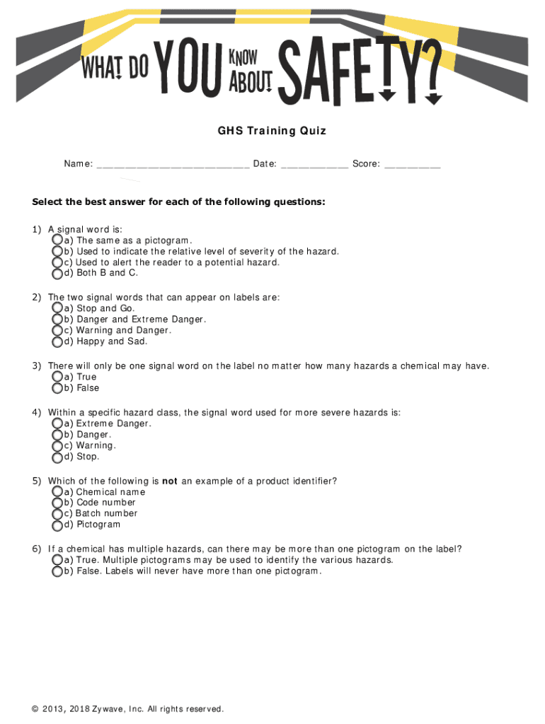 Fillable Online Quiz Answers Hazard Communication and GHS What ... Fax ...