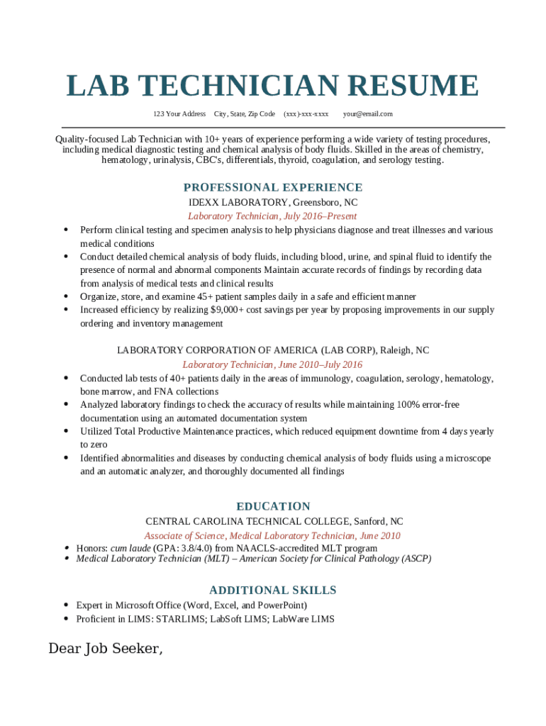 Lab Technician Resume Sample Template (Free Download) Doc Template ...