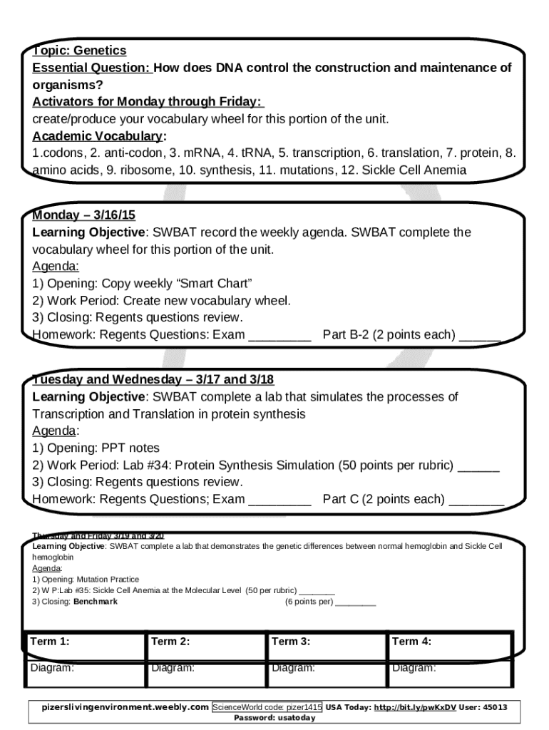 Course 3 Unit 2Life Science Topic 4 Genes and Heredity Doc Template ...