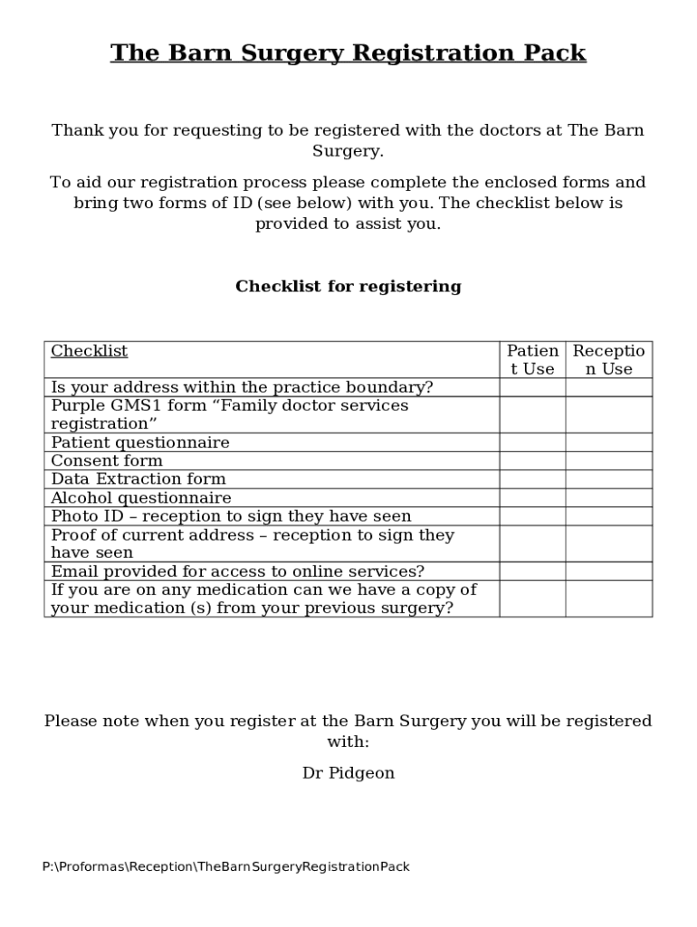 The Barn Surgery Registration Pack Doc Template | pdfFiller