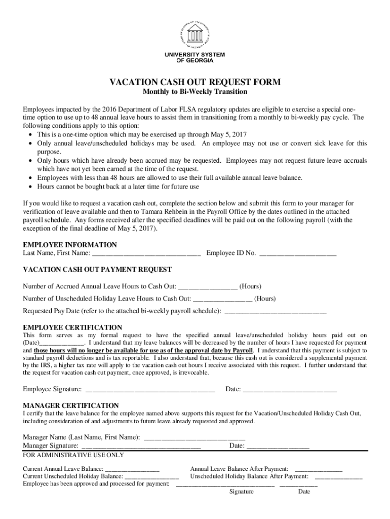 Fillable Online VACATION CASH OUT REQUEST FORM - JagwireAugusta Fax ...