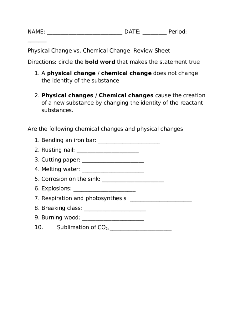 Physical and Chemical Change Worksheet True or False. ... Doc Template ...