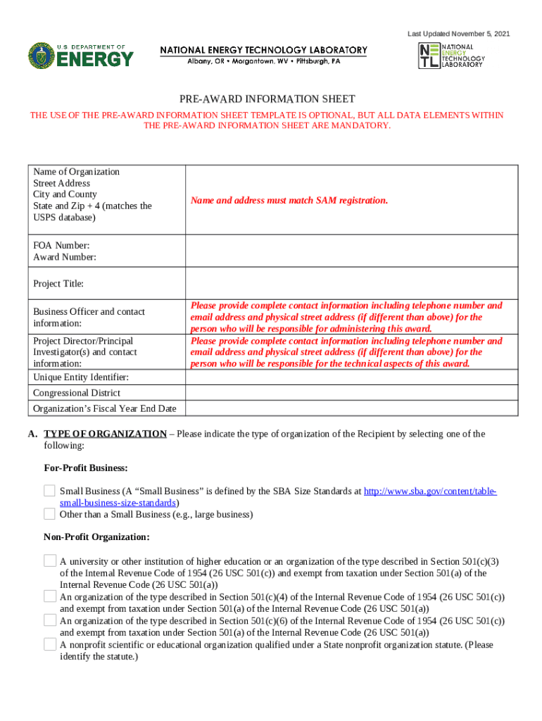 Pre-Award Ination Sheet, EERE 305 - netl doe Doc Template | pdfFiller