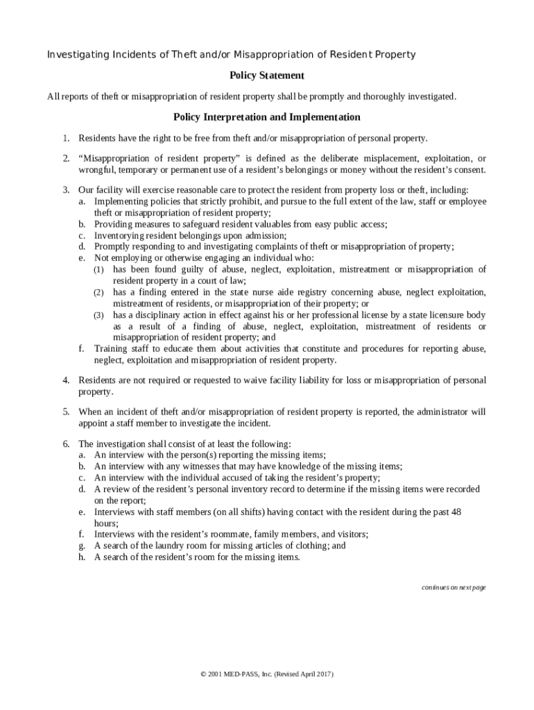Investigating Incidents of Theft and/or Misappropriation of Resident ...